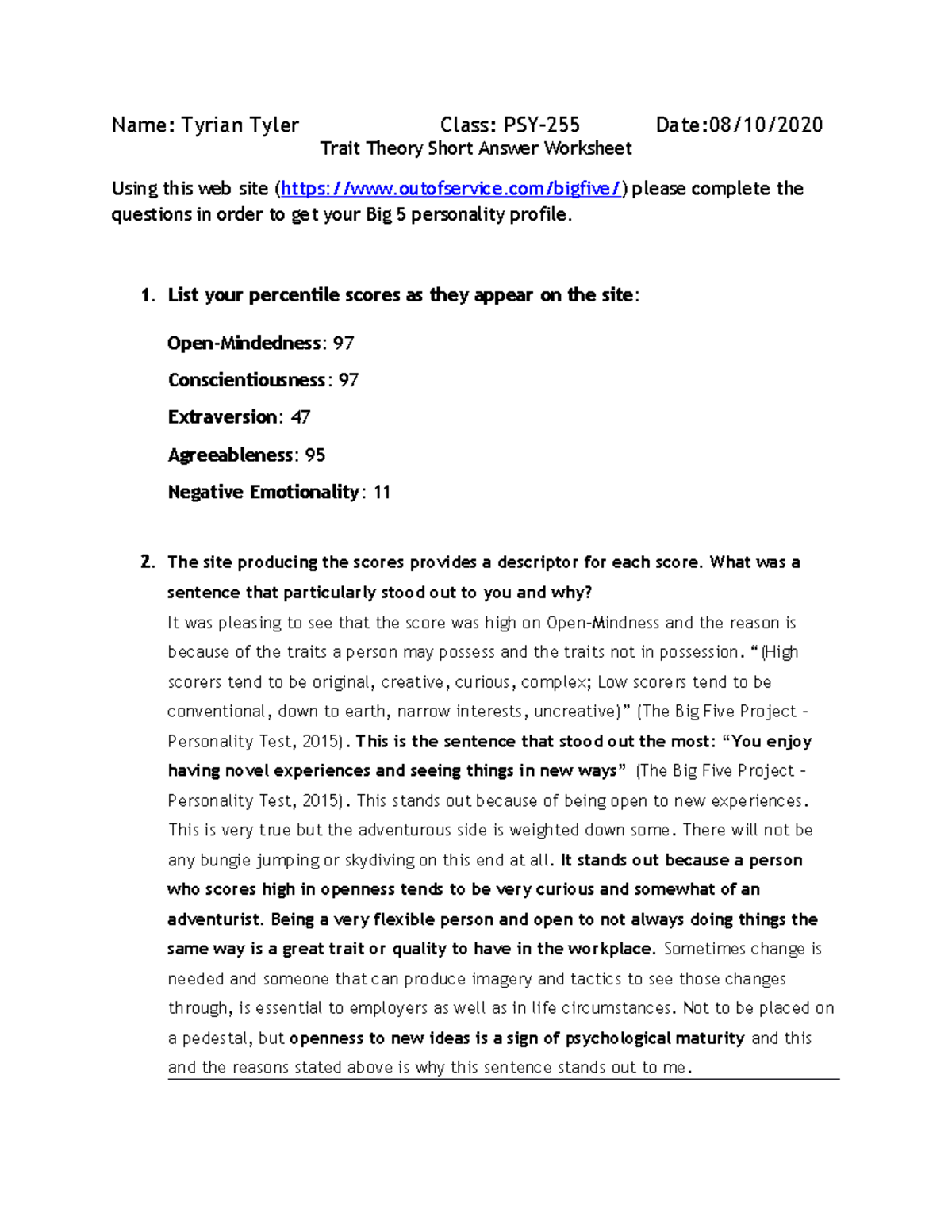 PSY-255-Trait-Theory-Short-Answer-Worksheet - Name: Tyrian Tyler Class ...