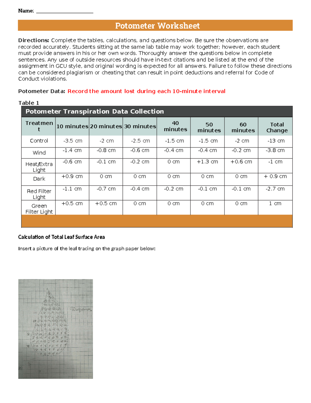 Week 6 ws - Worksheet before midterm - Name: Potometer Worksheet ...