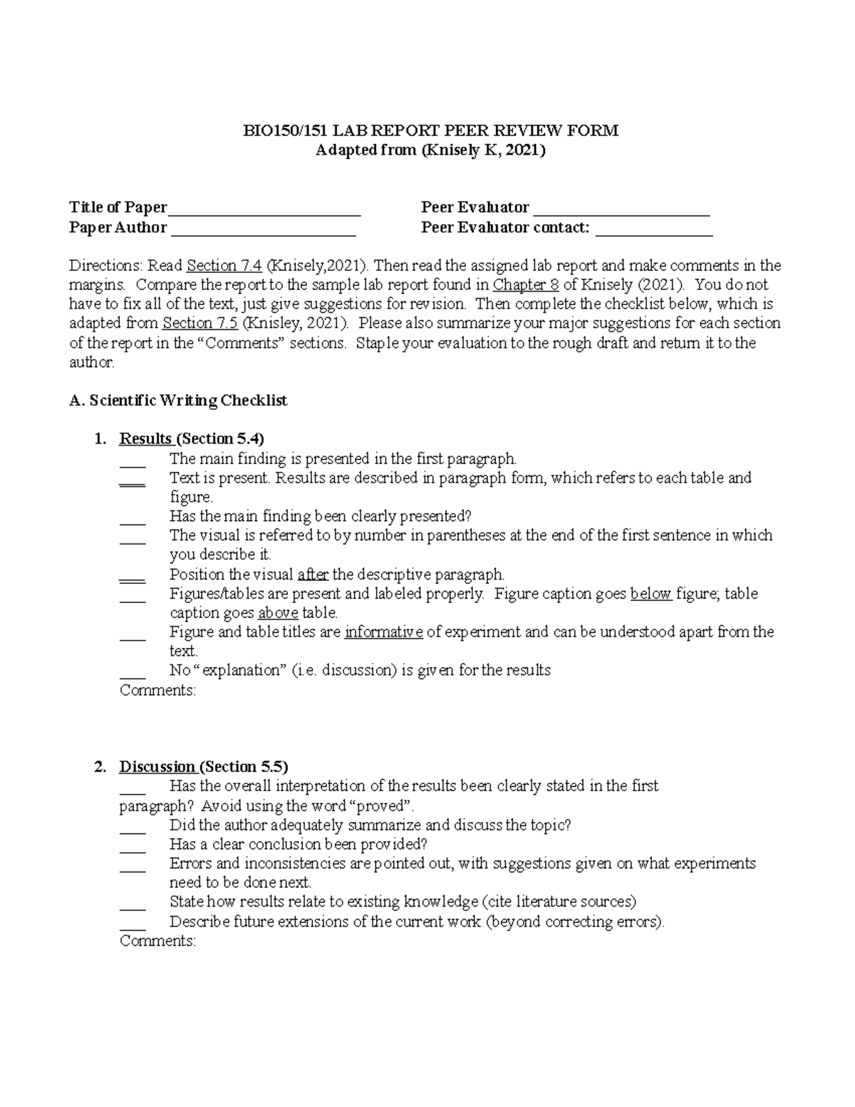BIO150 151 Peer Review Form 2021 - BIO150/151 LAB REPORT PEER REVIEW ...