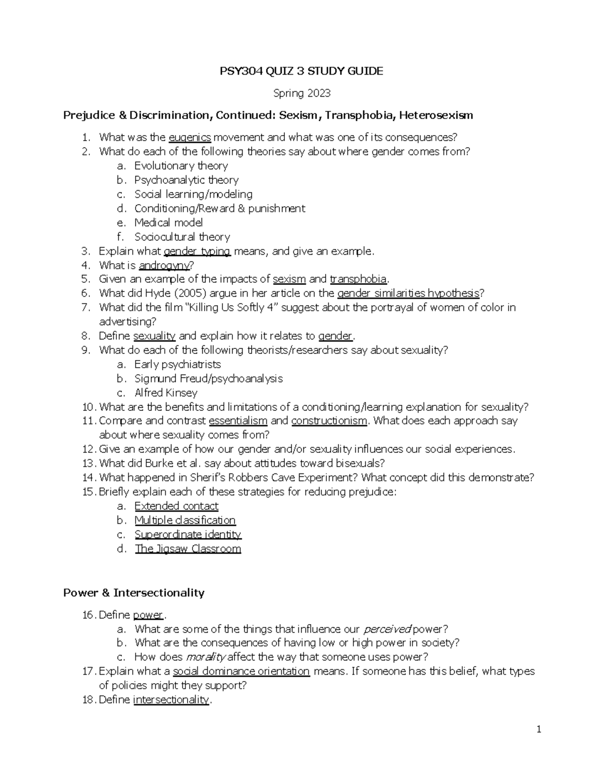 Quiz 3 Study Guide Spring 2023 - 1 PSY304 QUIZ 3 STUDY GUIDE Spring ...