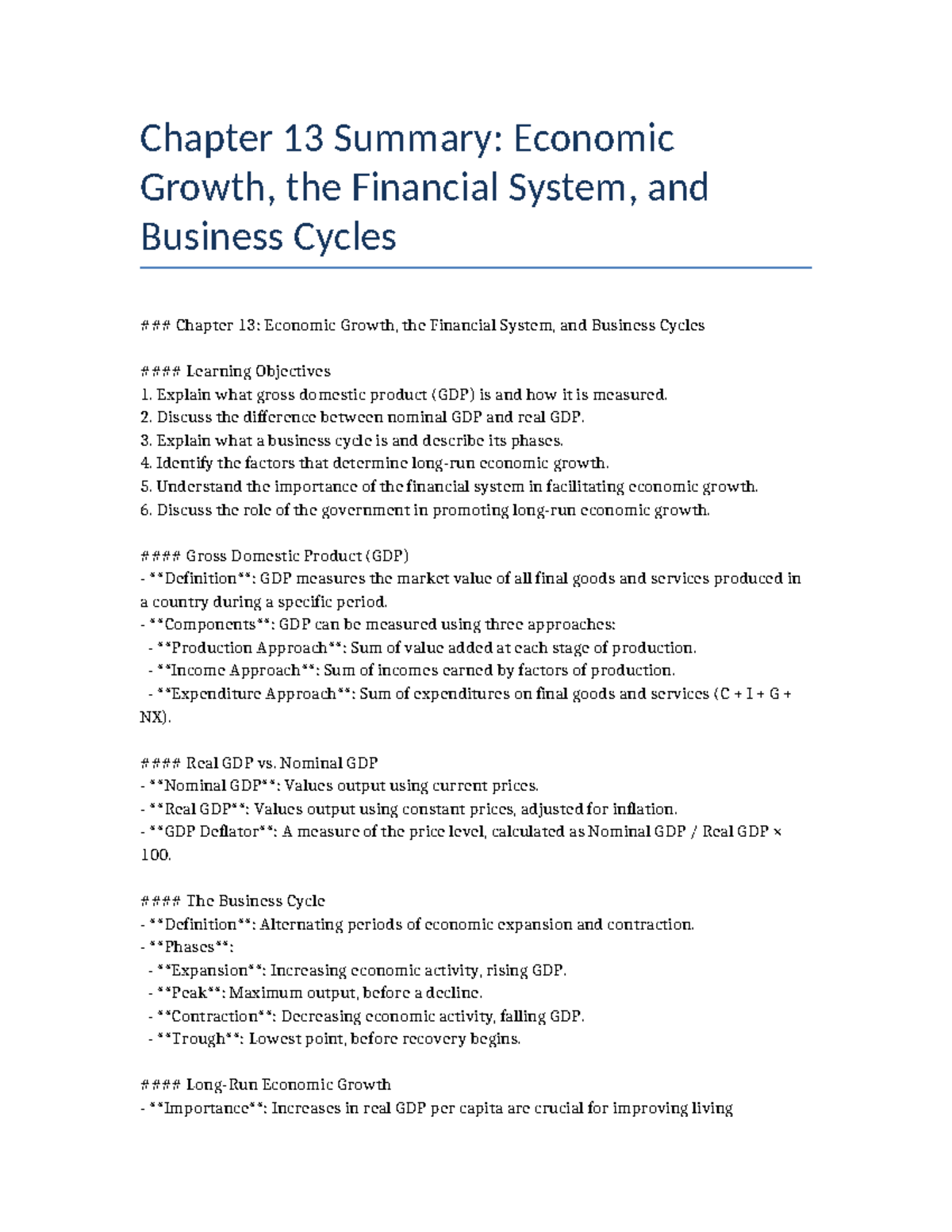 Chapter 13 Summary - Chapter 13 Summary: Economic Growth, the Financial System, and Business ...