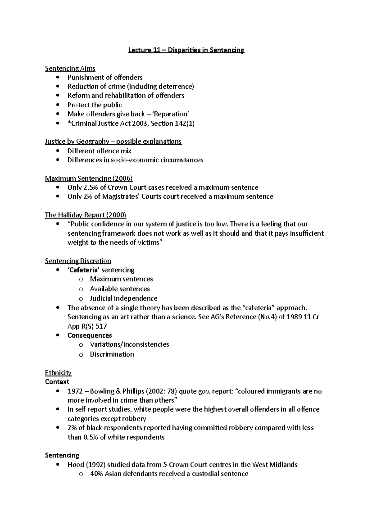 Lecture 11 - Lecture 11 – Disparities in Sentencing Sentencing Aims ...