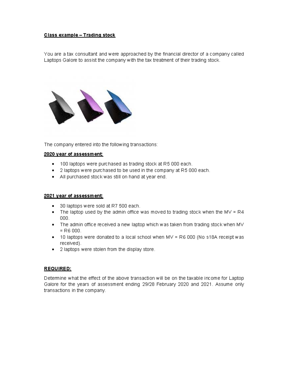 Class example - trading stock - Class example – Trading stock You are a ...