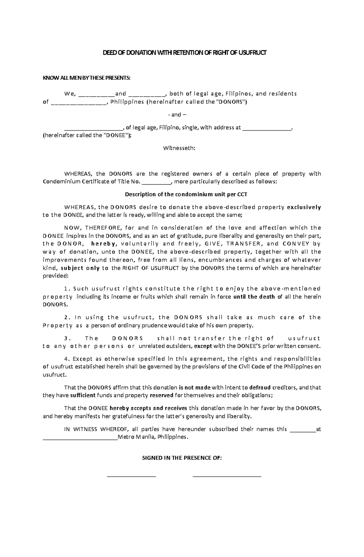 04 Donation with Retention of Usufruct - DEED OF DONATION WITH ...