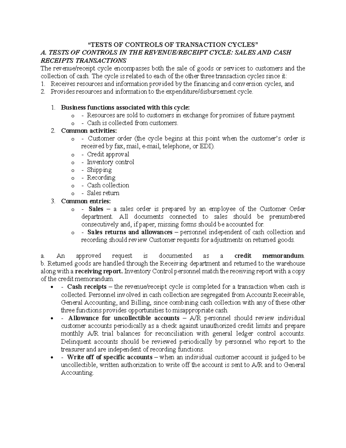 Tests OF Controls OF Transaction Cycles - “TESTS OF CONTROLS OF ...