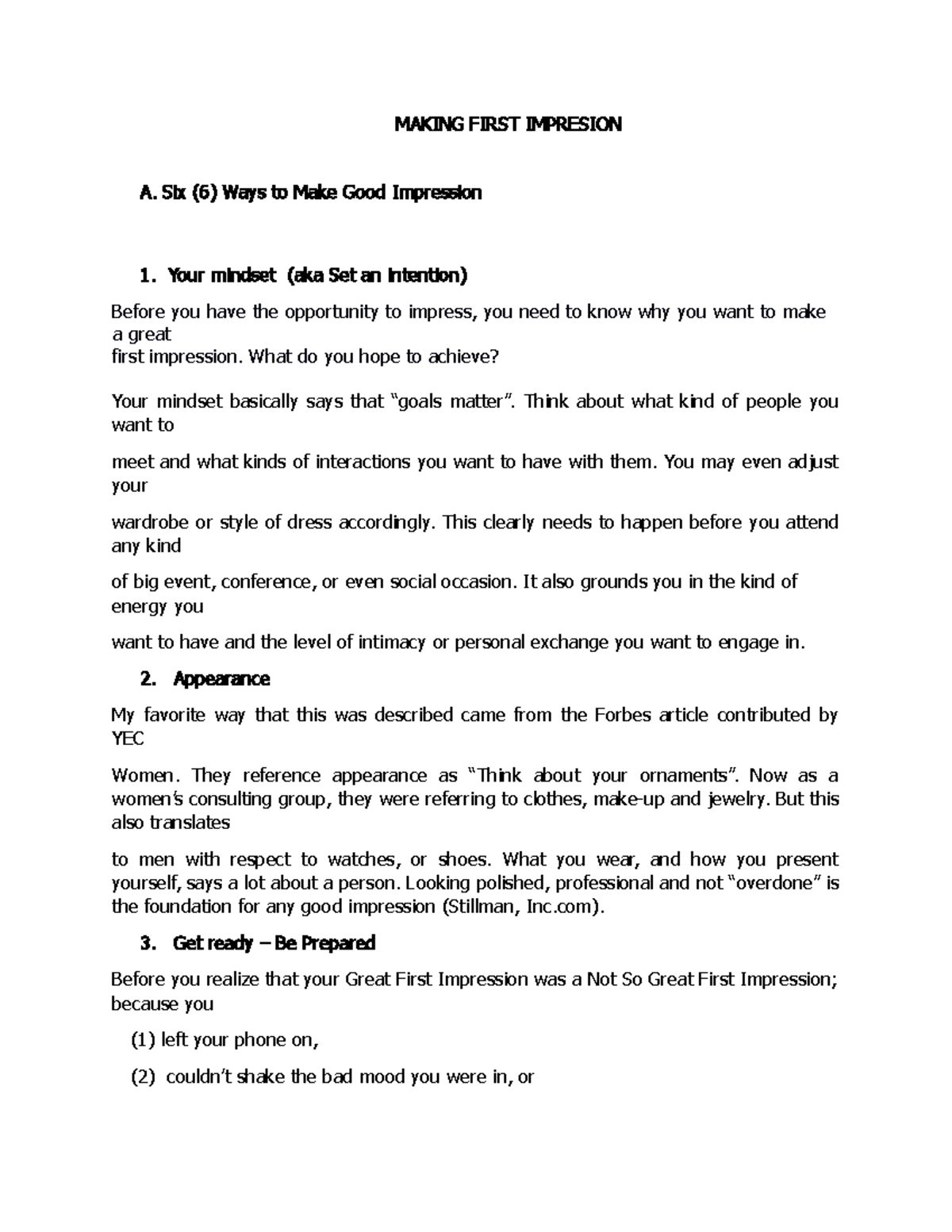 Making First Impresion - MAKING FIRST IMPRESION A. Six (6) Ways to Make ...