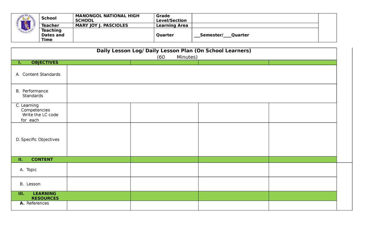 Weekly Blank Lesson PLAN - Copy - School MANONGOL NATIONAL HIGHSCHOOL ...