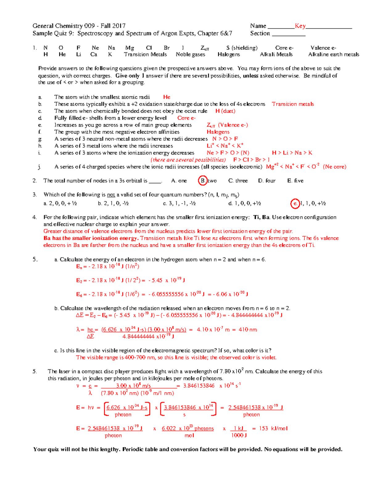 Quiz 8 Answers - Chemistry Recitation Quiz - General Chemistry 009 Fall ...