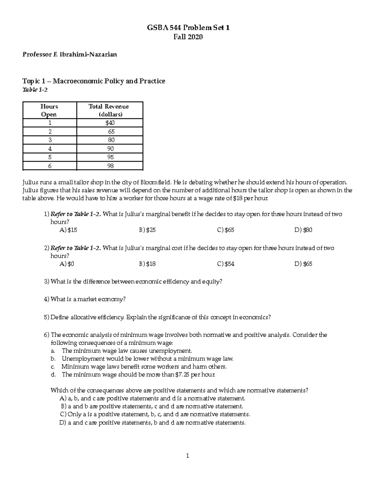 GSBA 544 Problem Set 1 - Nazarian - GSBA 544 Problem Set 1 Fall 2020 ...