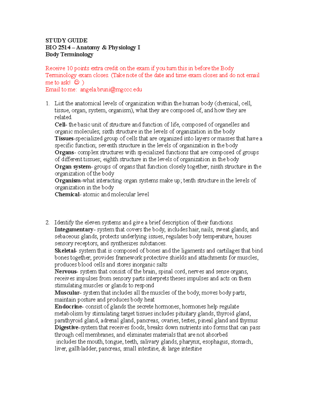 CH 1 Lecture Study Guide and answers - STUDY GUIDE BIO 2514 – Anatomy ...
