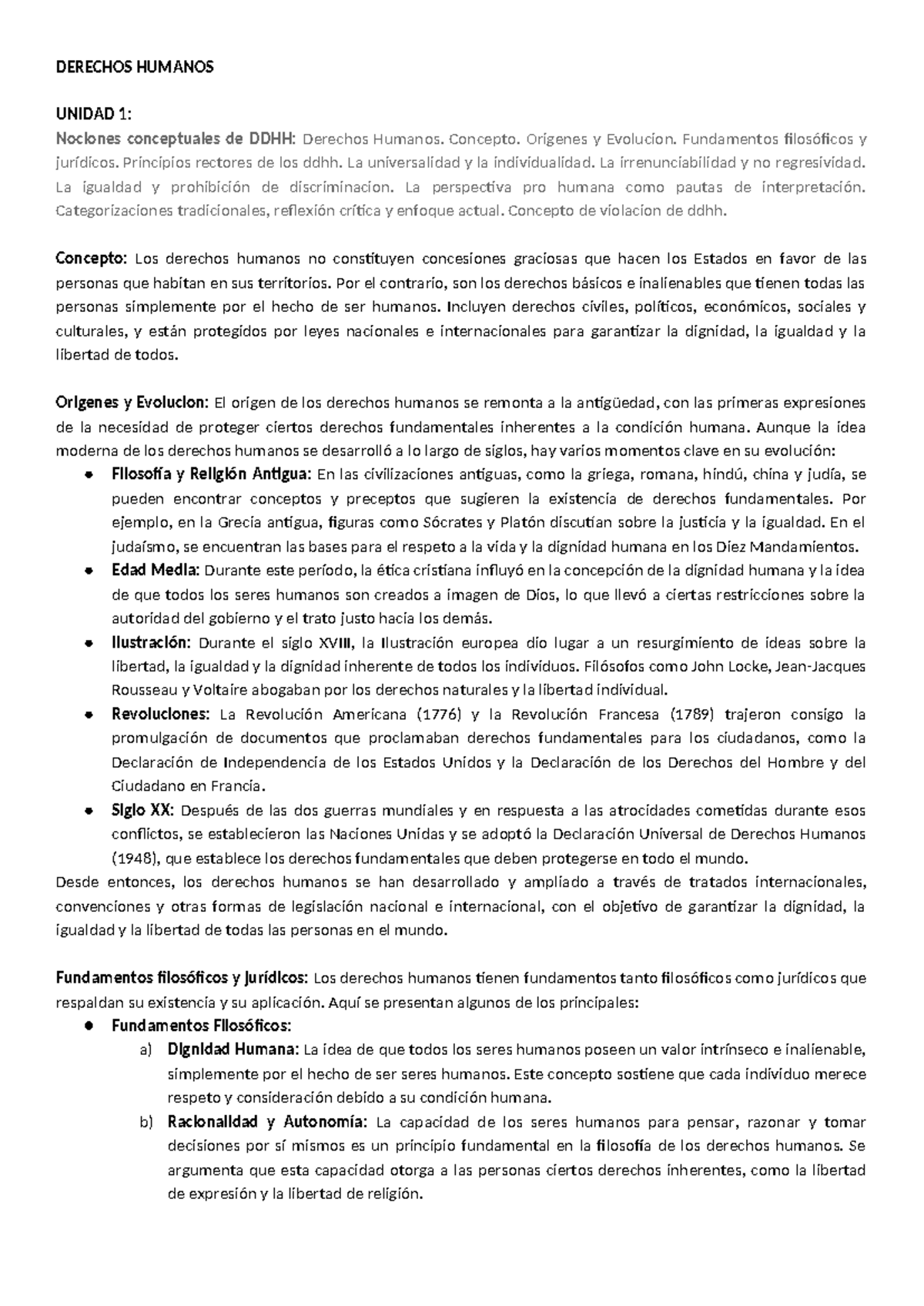 Resumen DDHH 2024 - DERECHOS HUMANOS UNIDAD 1: Nociones conceptuales de DDHH: Derechos Humanos ...