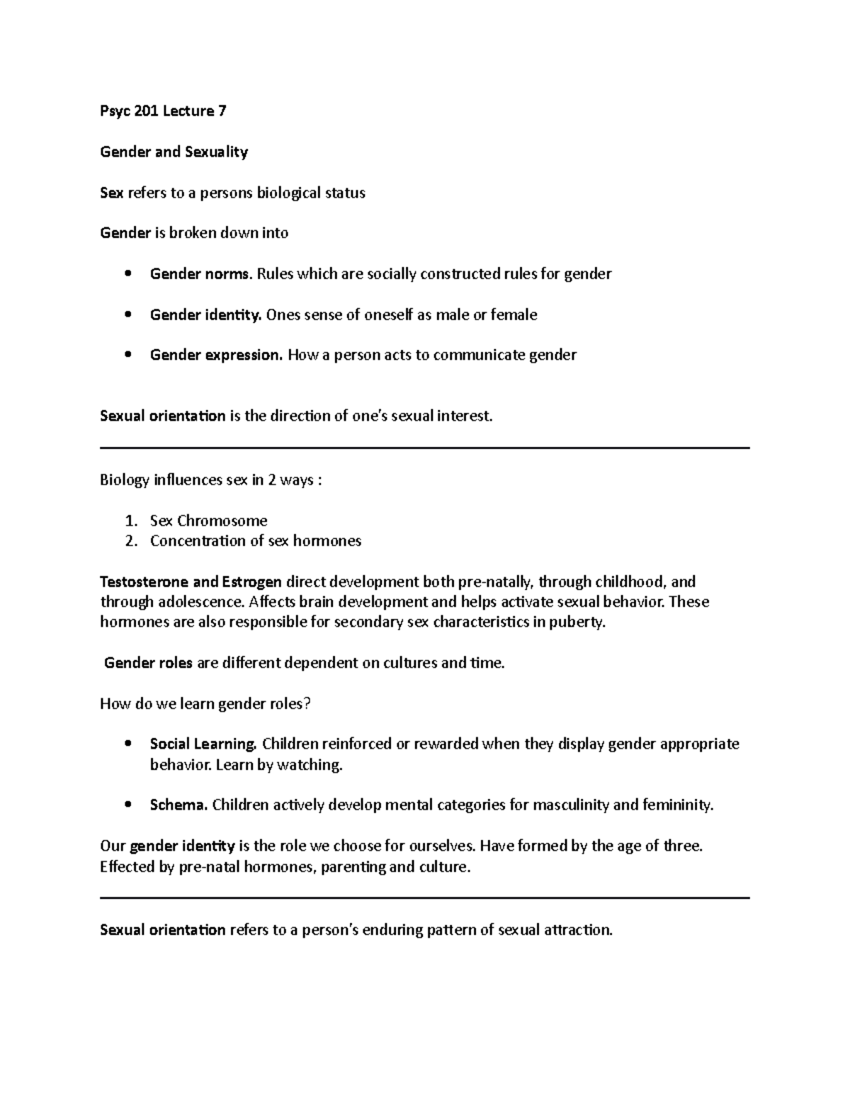 Psyc 201 L7 Lecture Notes 7 Psyc 201 Lecture 7 Gender And Sexuality 5842