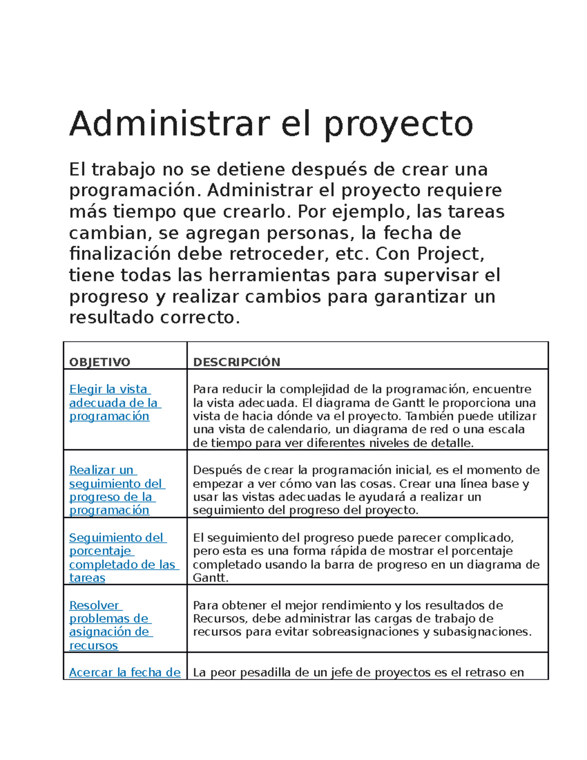 Administración del proyecto - Administrar el proyecto El trabajo no se ...