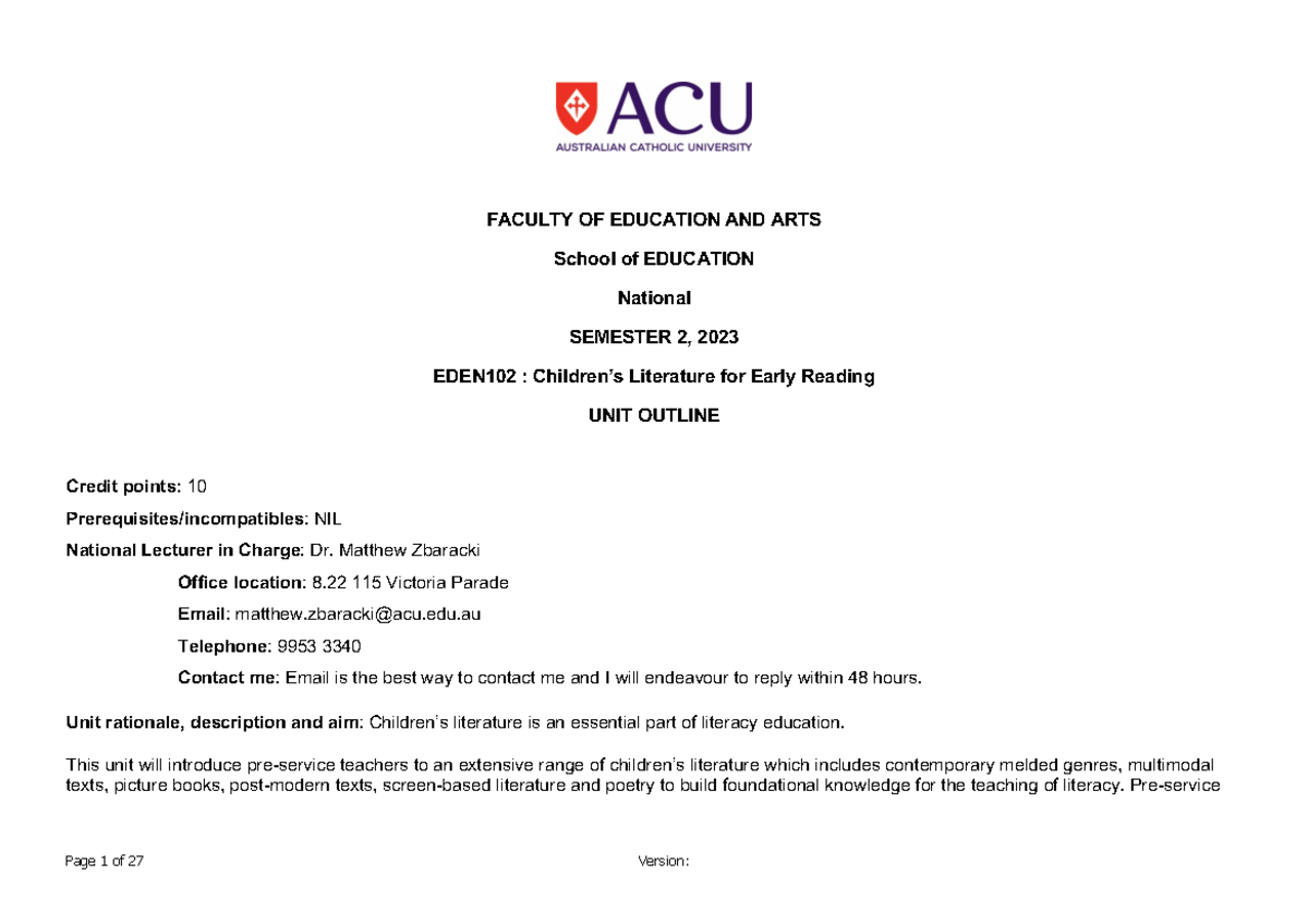 EDEN102 EUO 2023 - Outline - FACULTY OF EDUCATION AND ARTS School of ...