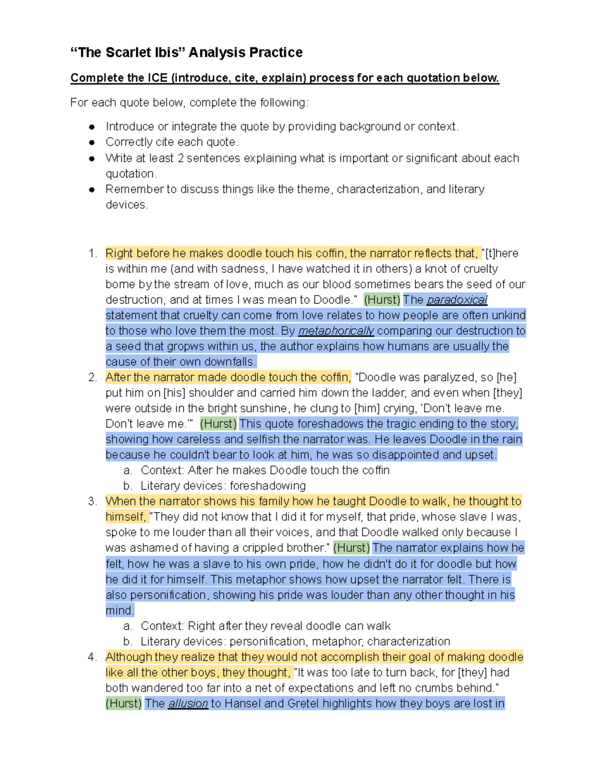 Copy of “The Scarlet Ibis” Analysis Practice - “The Scarlet Ibis ...