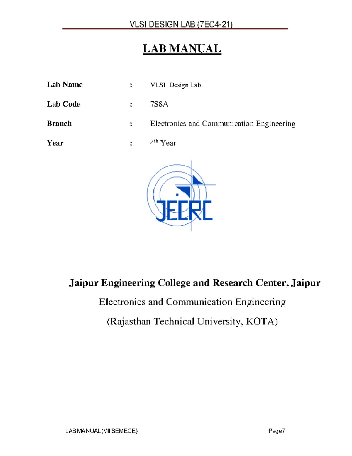 VLSI 7th Sem Lab Manual - Lab - LAB MANUAL (VII SEMECE) Page 7 LAB MANUAL Lab Name : VLSI Design ...