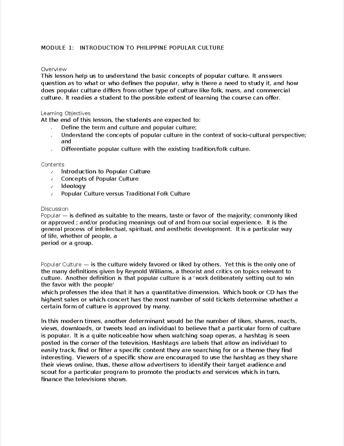 Pdf philippine popular culture - MODULE 1: INTRODUCTION TO PHILIPPINE ...