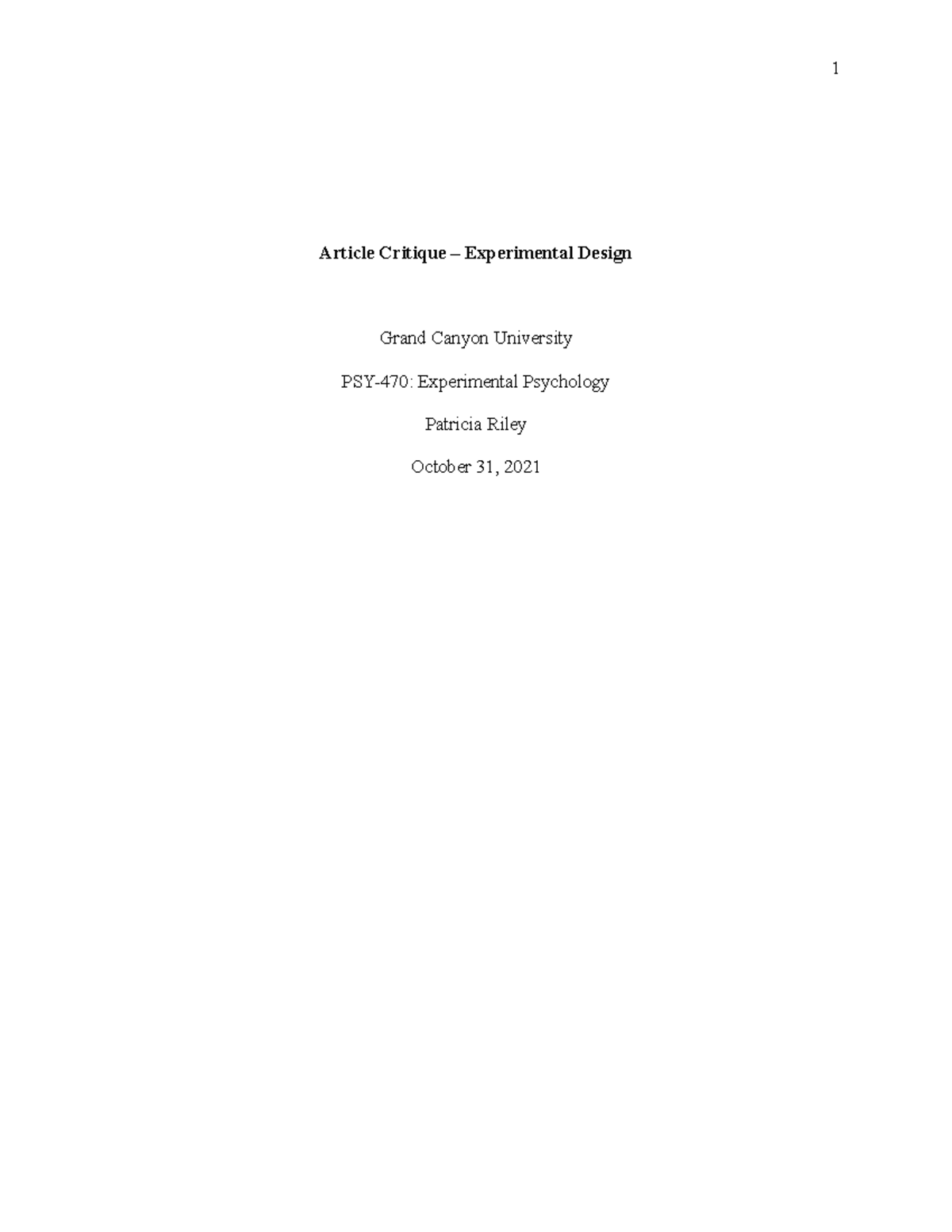 PSY452 Article Critique Experimental Design - Article Critique ...
