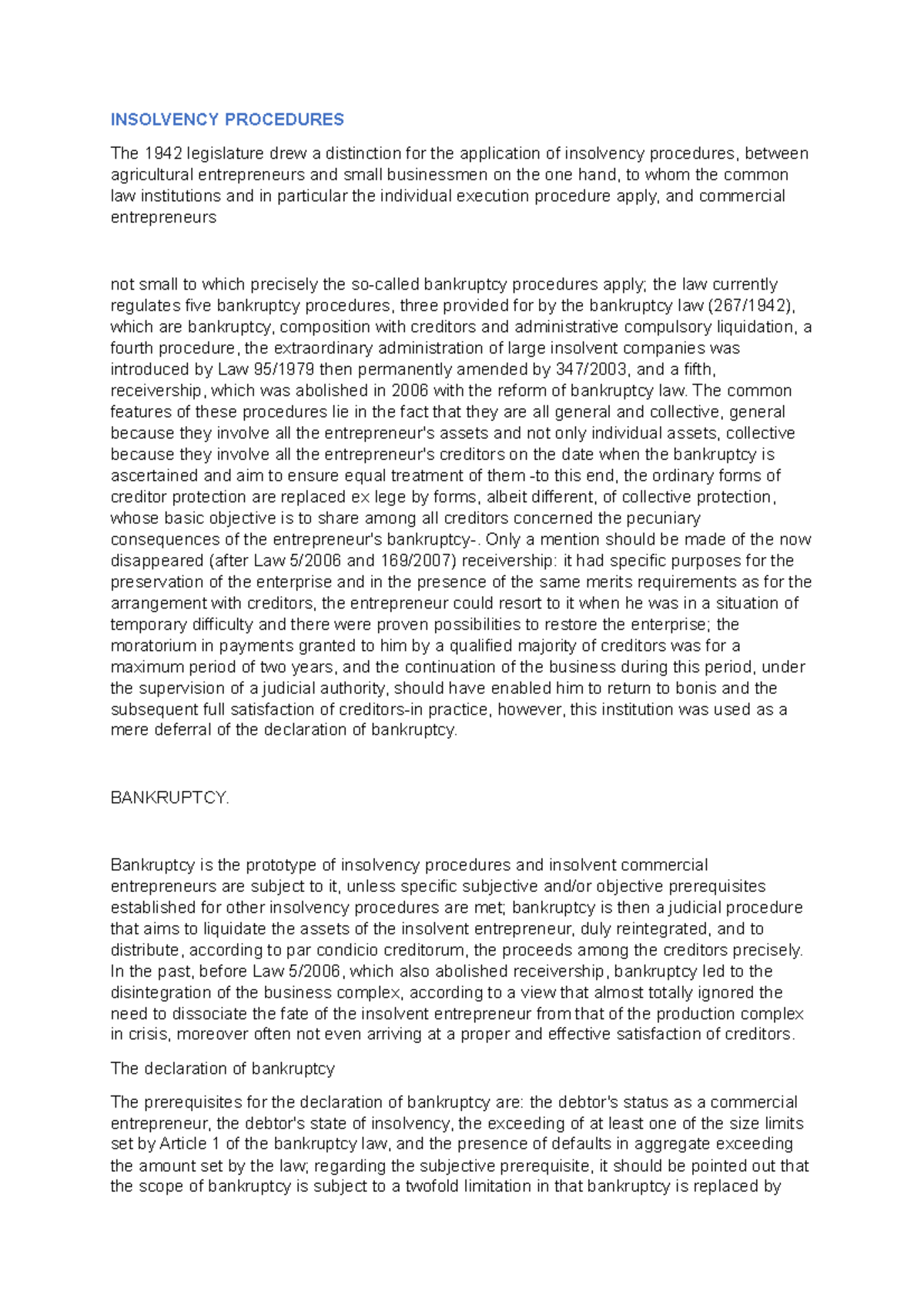 Insolvency Procedures 2 - INSOLVENCY PROCEDURES The 1942 legislature ...