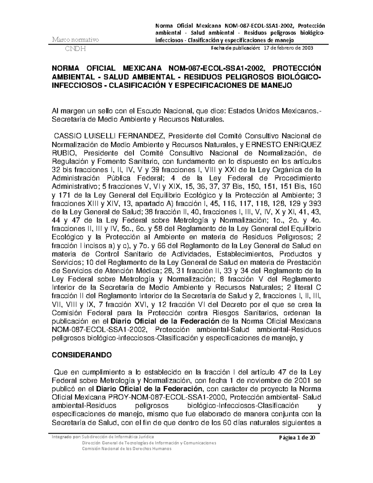 Norma Oficial Mexicana NOM-087-ECOL-SSA1-2002 , Protección Ambiental ...