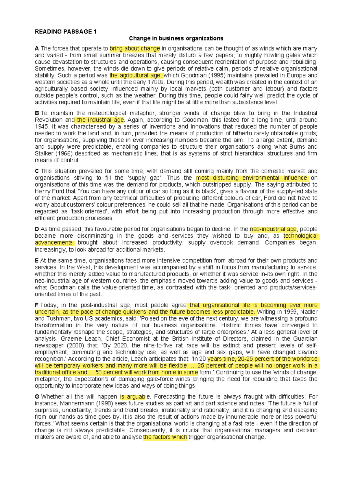 Self-help test 1 - texts only - READING PASSAGE 1 Change in business ...