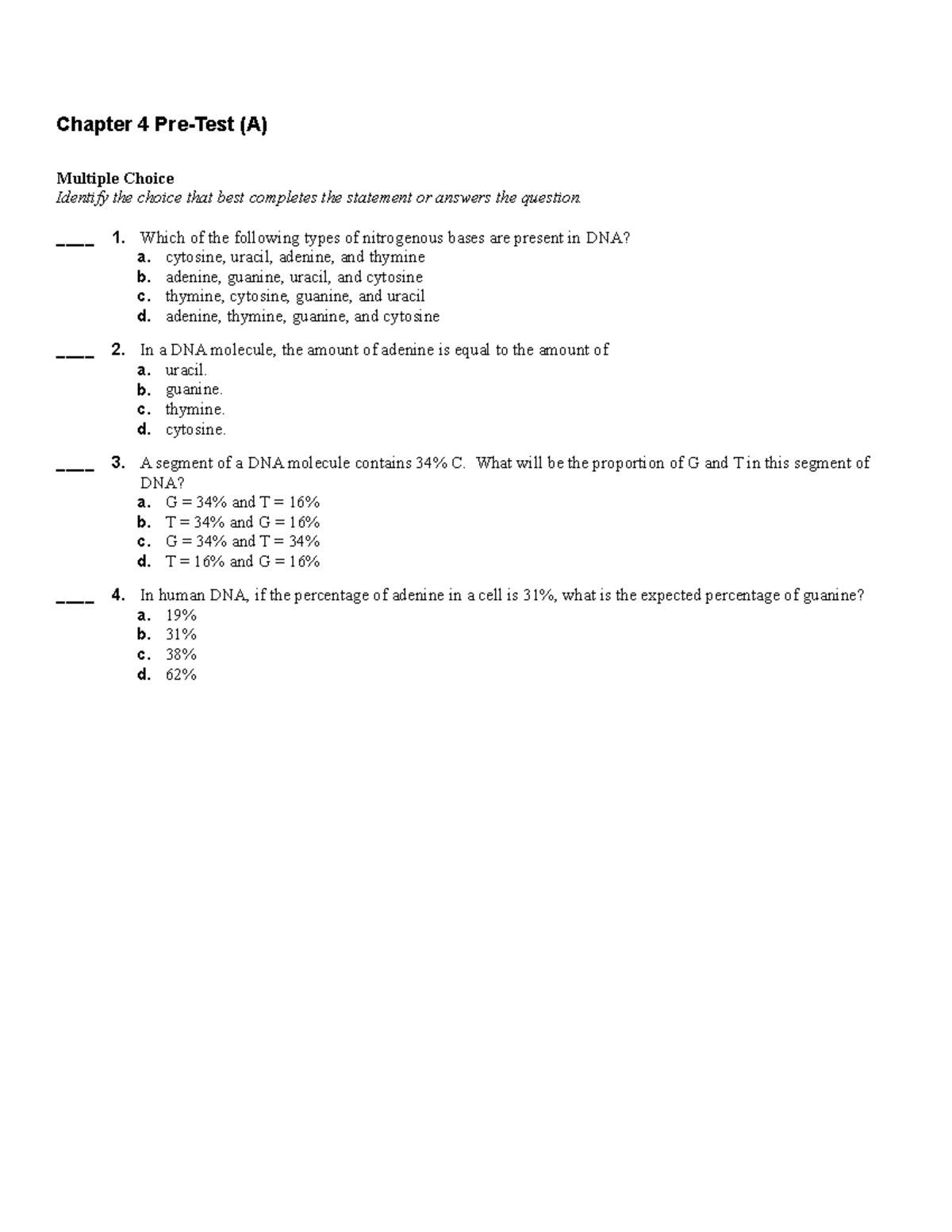 Chapter 4 pre-test a - Chapter 4 Pre-Test (A) Multiple Choice Identify ...