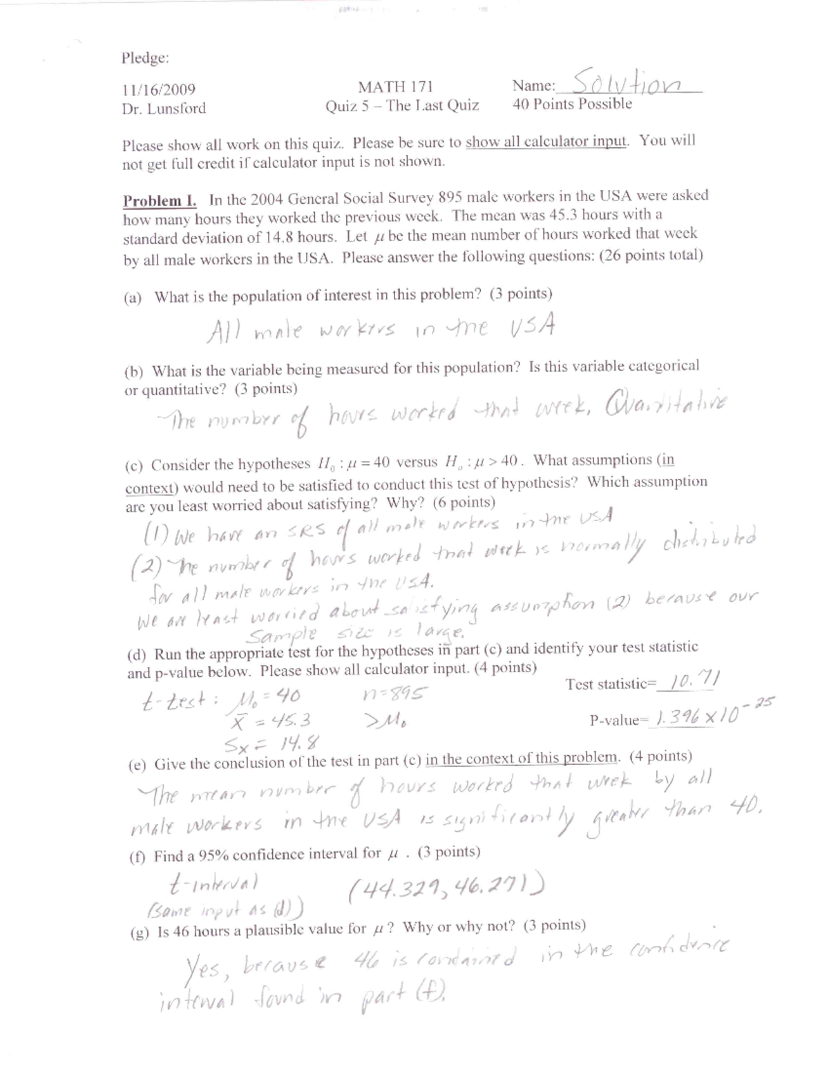 MATH171 Q5 F09 Sol - Practices - introduction to statistic - Studocu