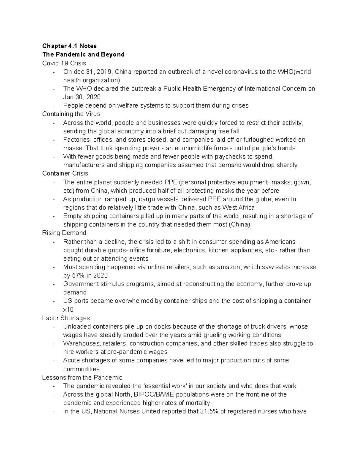 Chapter 4.1 notes - Chapter 4 Notes The Pandemic and Beyond Covid-19 ...