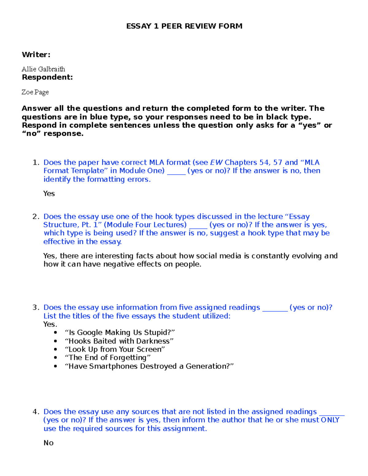 Page Review Form For Galbraith - ESSAY 1 PEER REVIEW FORM Writer: Allie ...