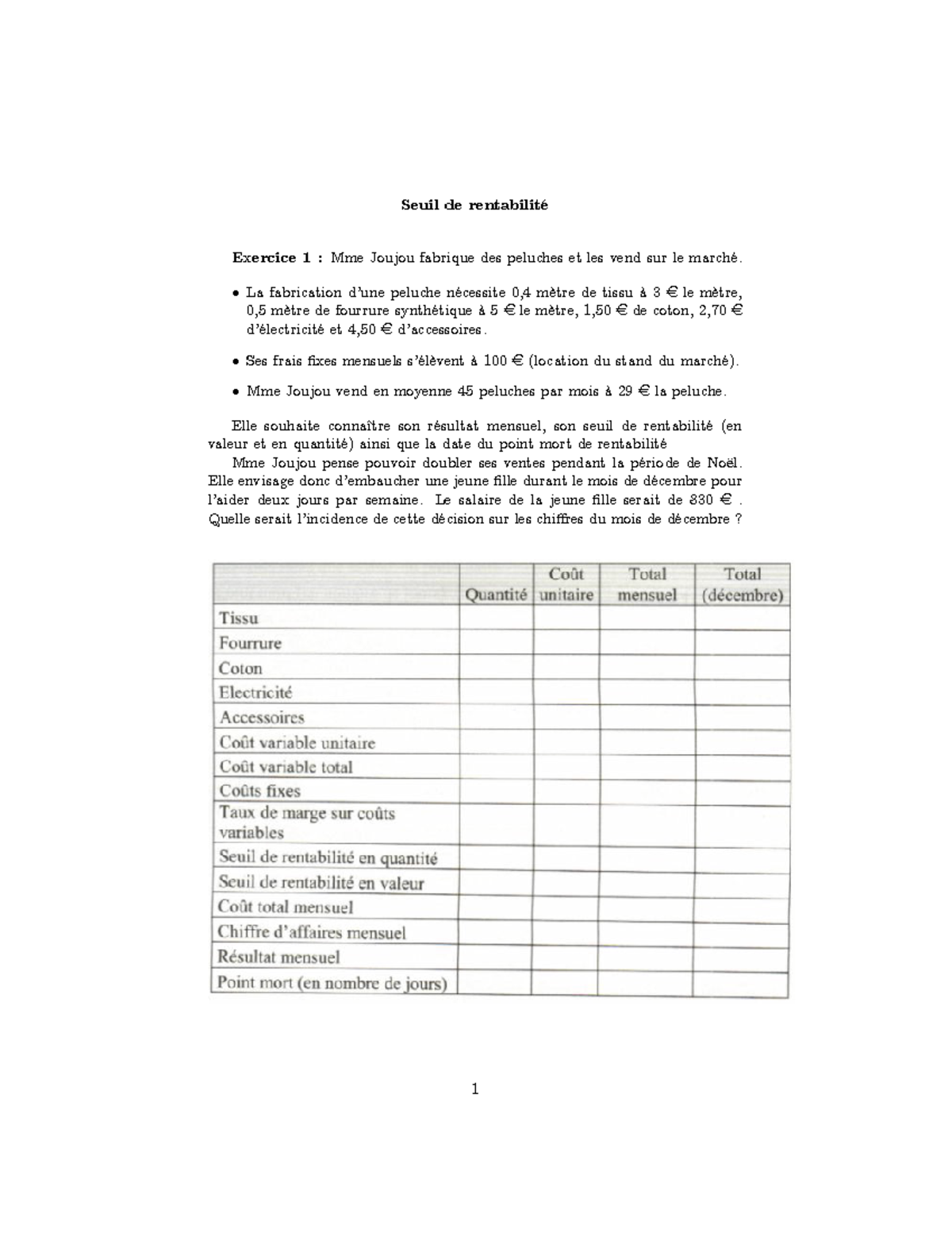 Seuil de rentabilite exercices 01 - Seuil de rentabilitÈ Exercice 1 : Mme Joujou fabrique des ...