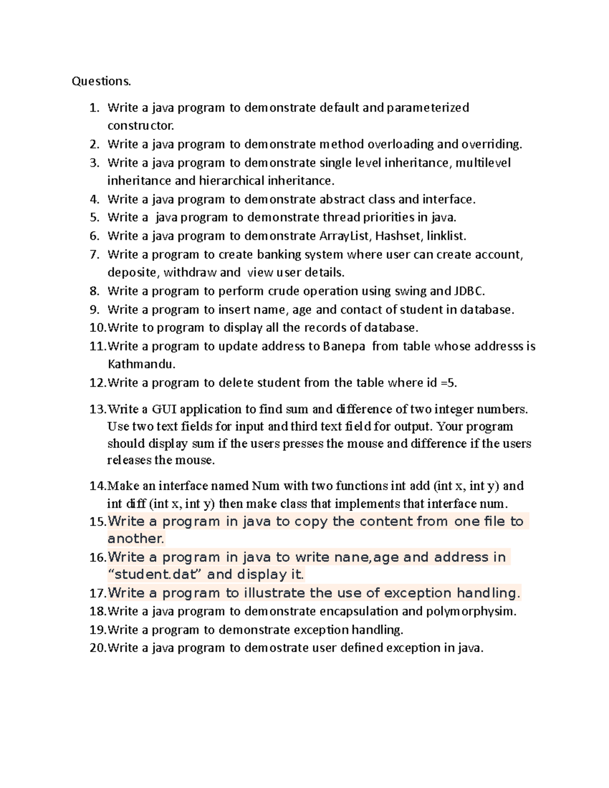 Lab - Questions. Write a java program to demonstrate default and ...