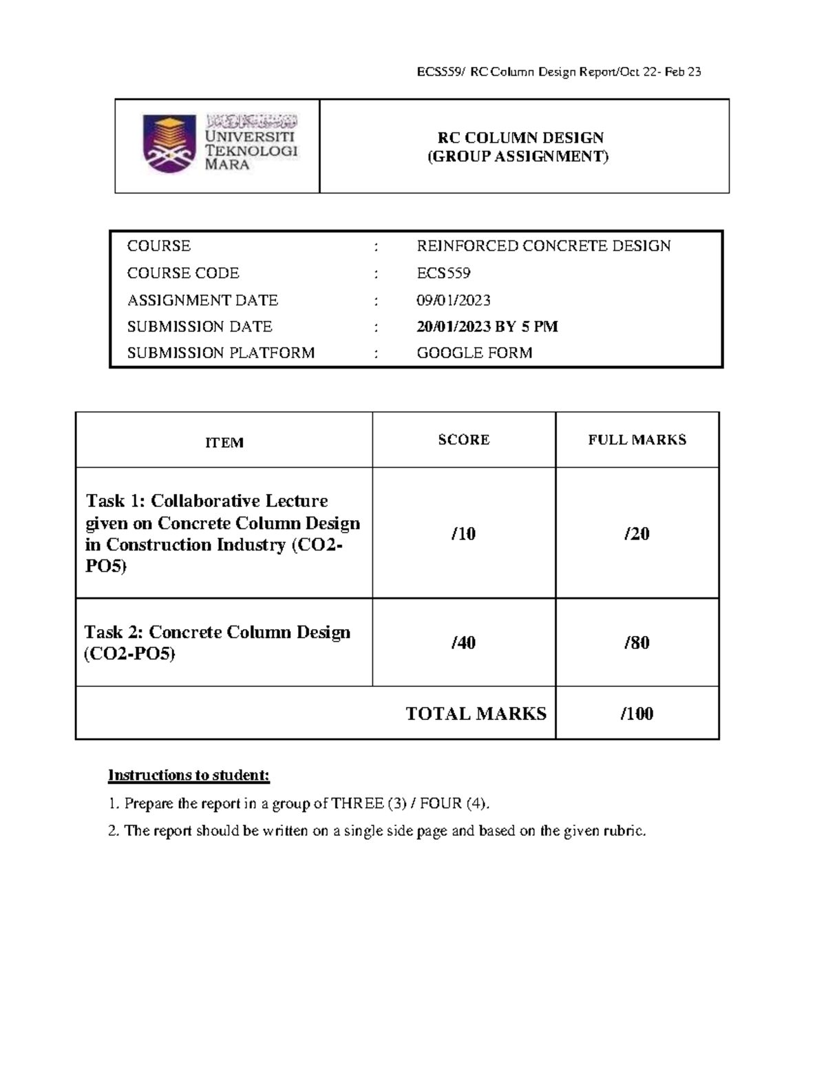 ECS559 Assignment RC Column Design Updated - ECS559/ RC Column Design ...
