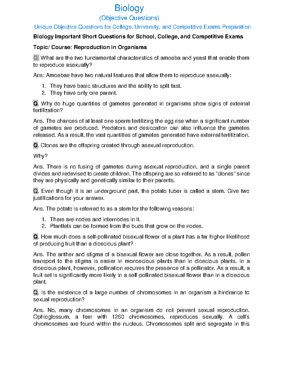 Biology Important Short Questions for School College and Competitive ...