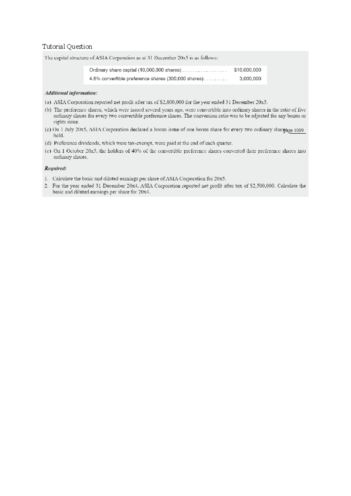 Tutorial Question - Corporate accounting - Tutorial Question The ...