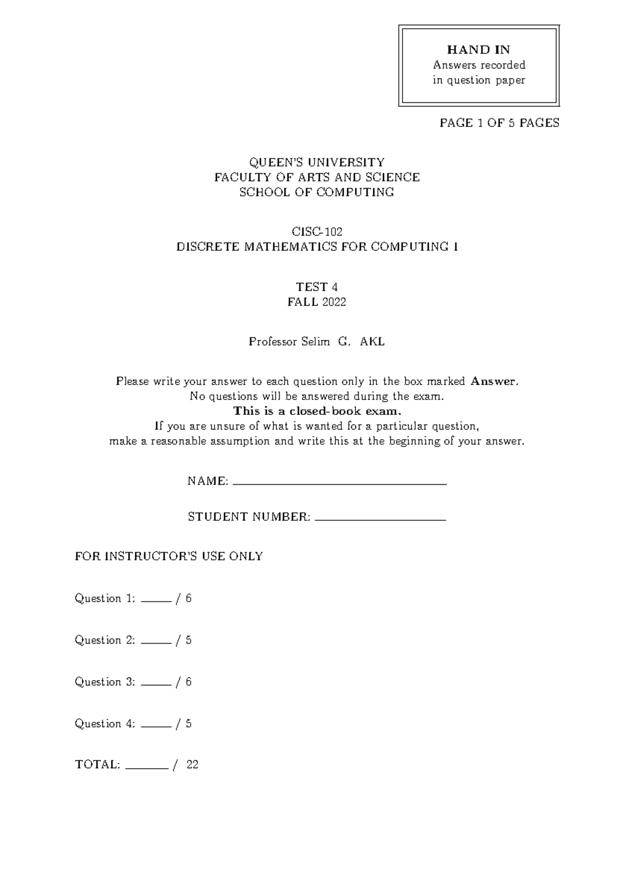Test 4 - HAND IN Answers recorded in question paper PAGE 1 OF 5 PAGES ...