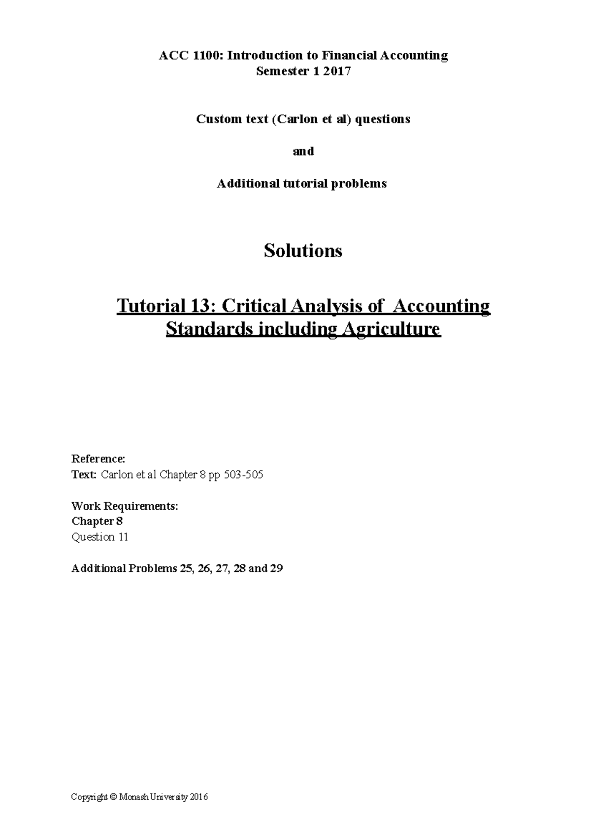 Tute 13 Solutions ACC ACF1100 S1 2017 - ACC 1100: Introduction to ...