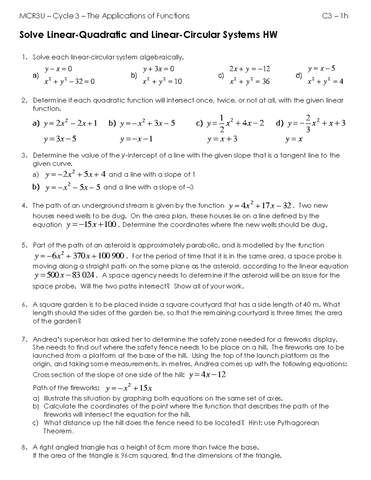 C3 - 1h - Solve Linear-Quadratic and Linear-Circular Systems HW - Solve ...