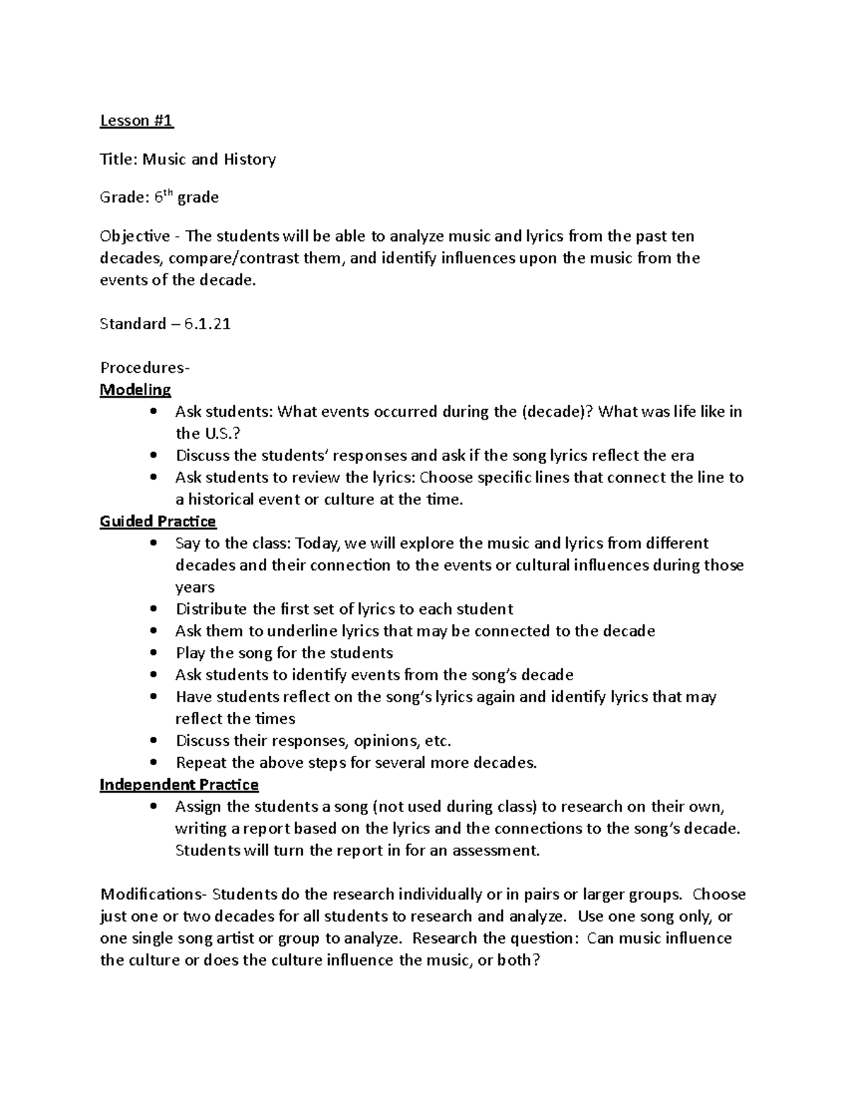 Lesson Plans Week 5 - Lesson # Title: Music and History Grade: 6th ...
