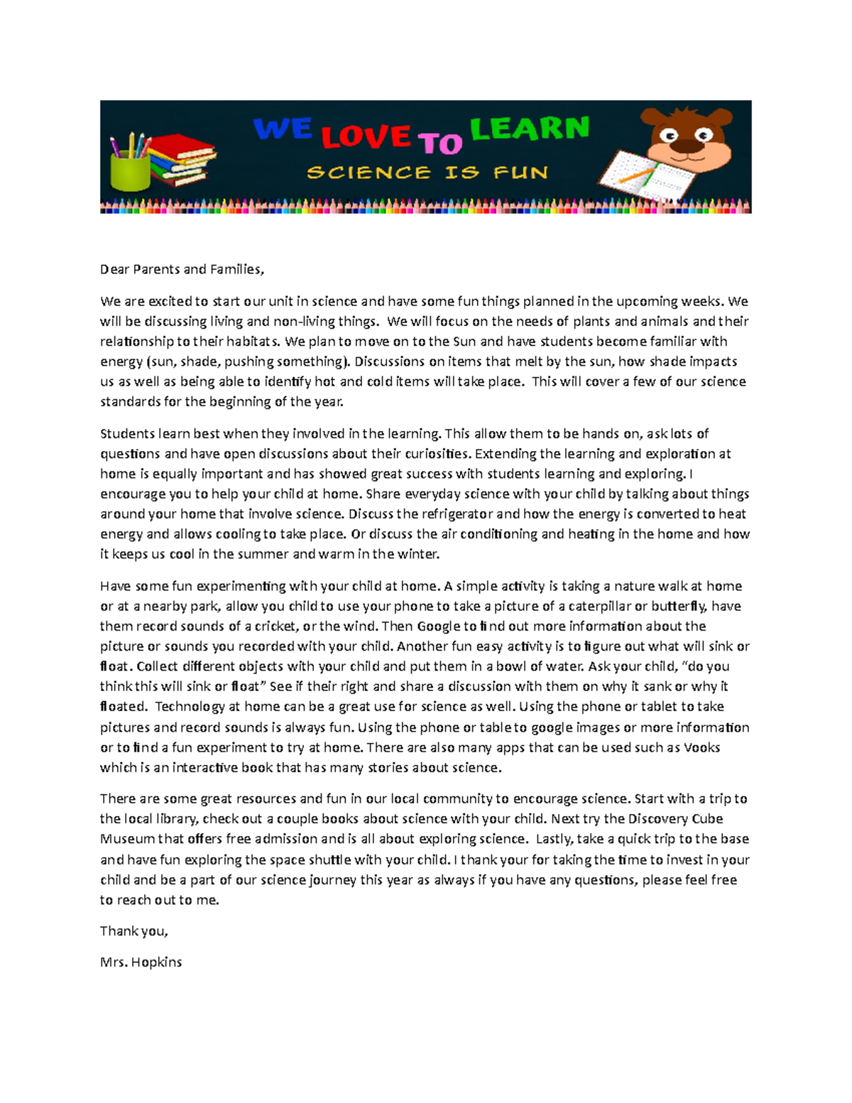 Science Letter - Dear Parents and Families, We are excited to start our ...