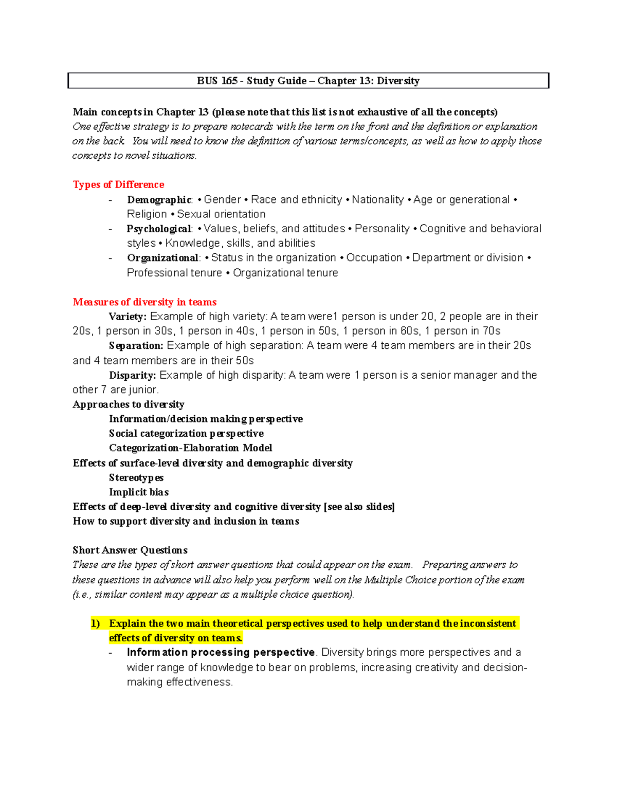 BUS 165 - Study Guide - Chapter 13 - BUS 165 - Study Guide – Chapter 13: Diversity Main concepts ...