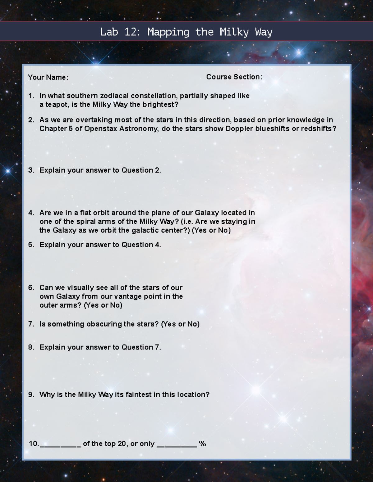 Astr 1020 form lab12 - Mapping the Milky Way - 2. As we are overtaking ...