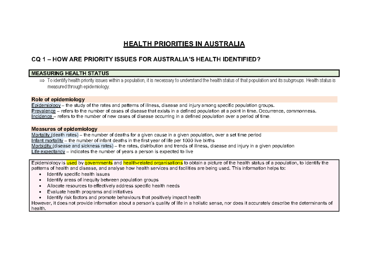 Core 1- health priorities in Australia - HEALTH PRIORITIES IN AUSTRALIA ...