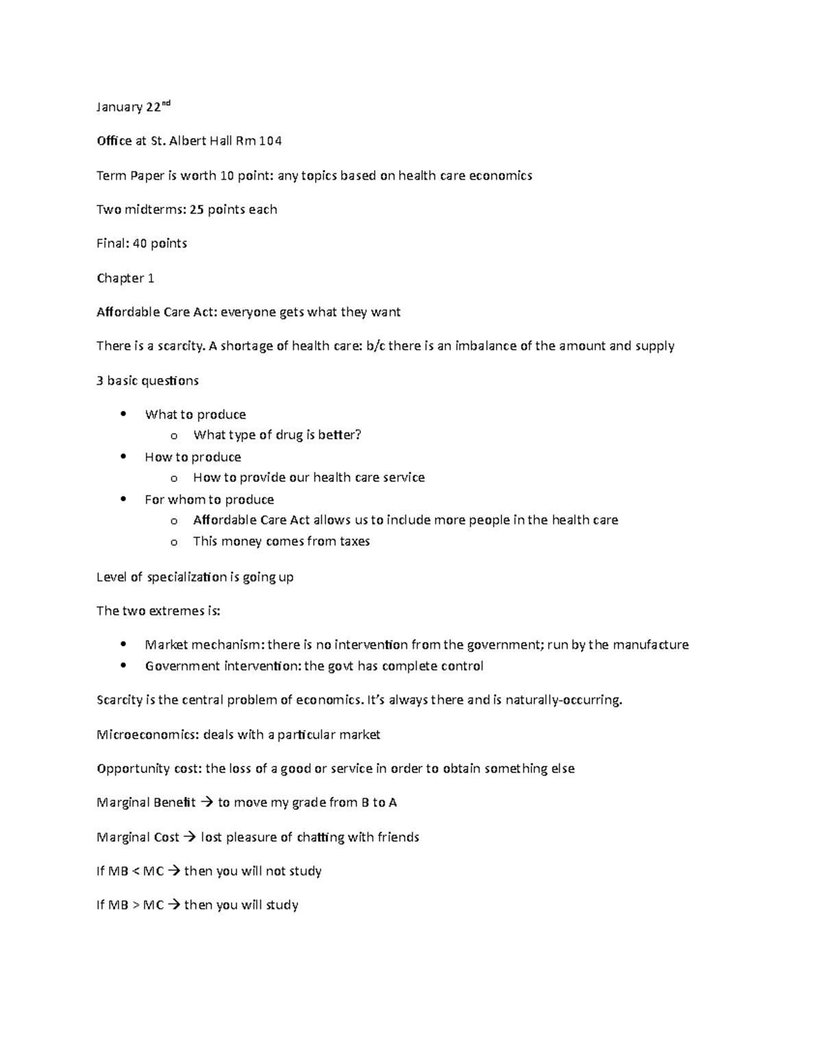 Economics - review sheet - January 22nd Office at St. Albert Hall Rm ...