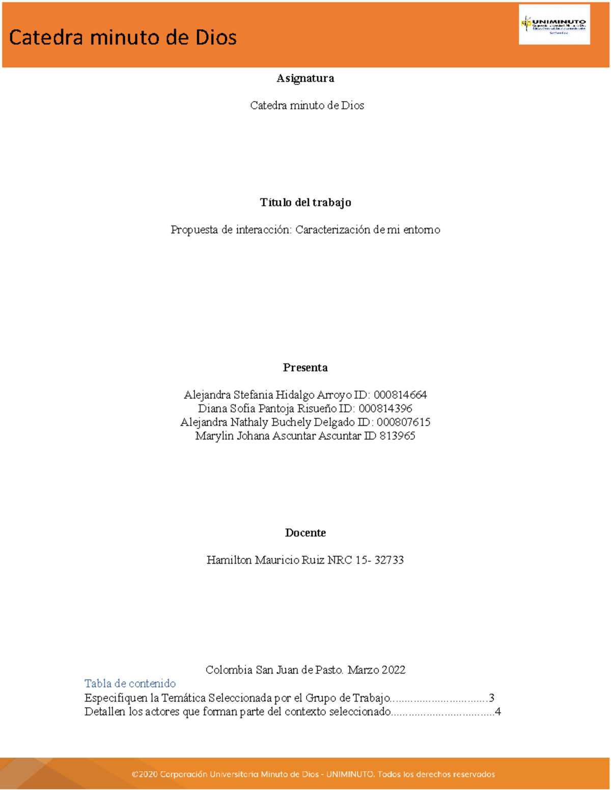 3 Actividad Catedra Minuto de Dios - Asignatura Catedra minuto de Dios Título del trabajo ...