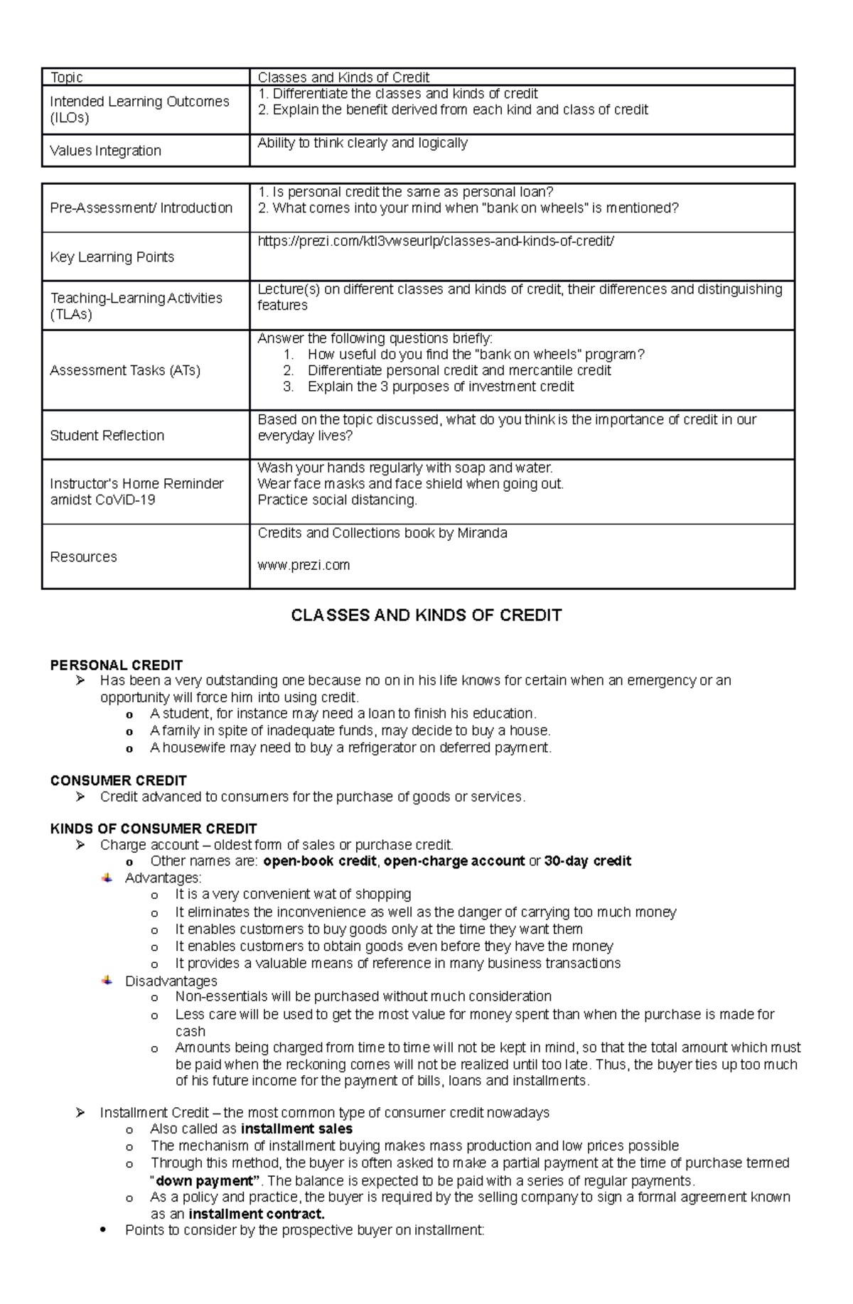 Classification of Credit - Topic Classes and Kinds of Credit Intended ...