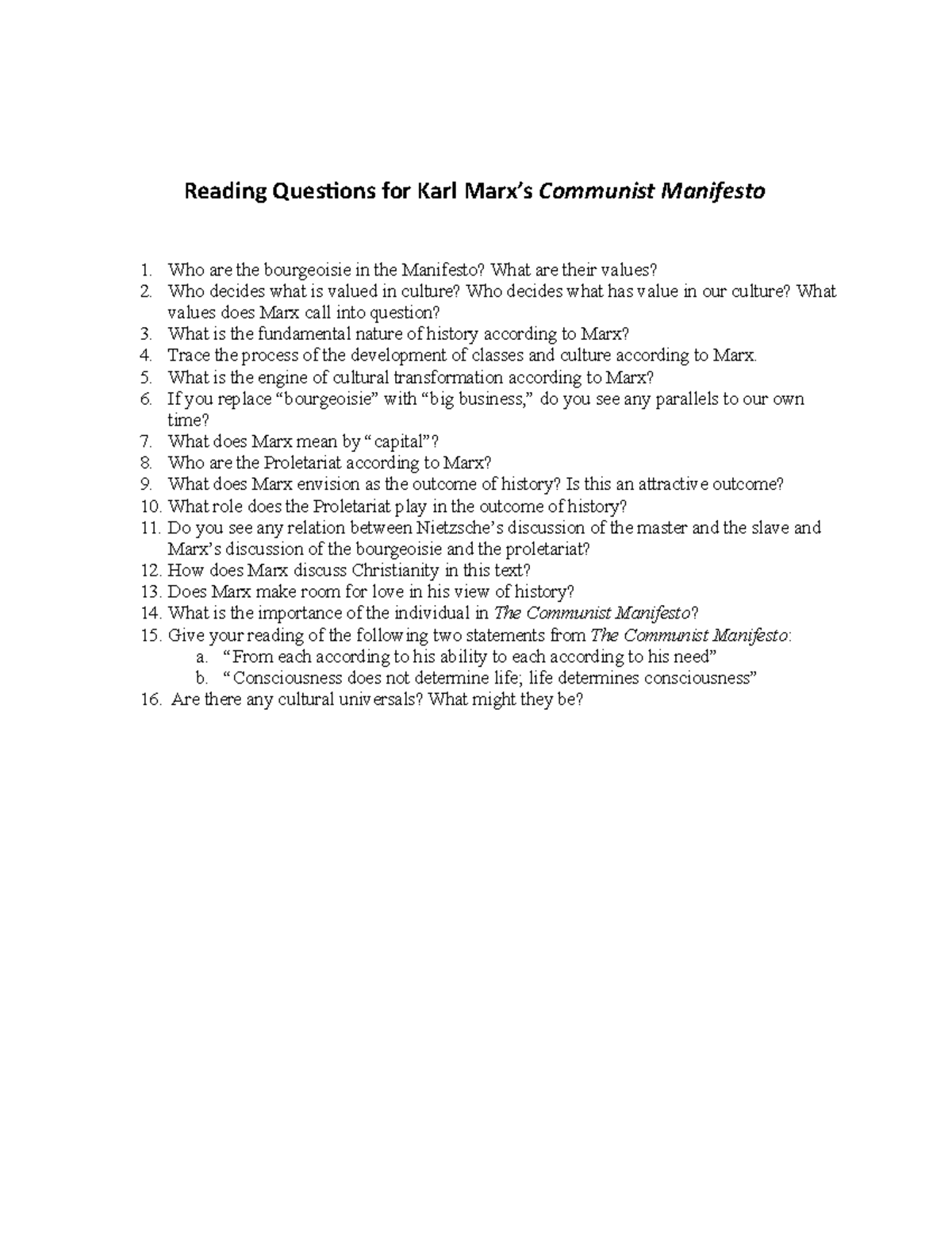 Reading Questions for the Communist Manifesto - Reading Questions for ...