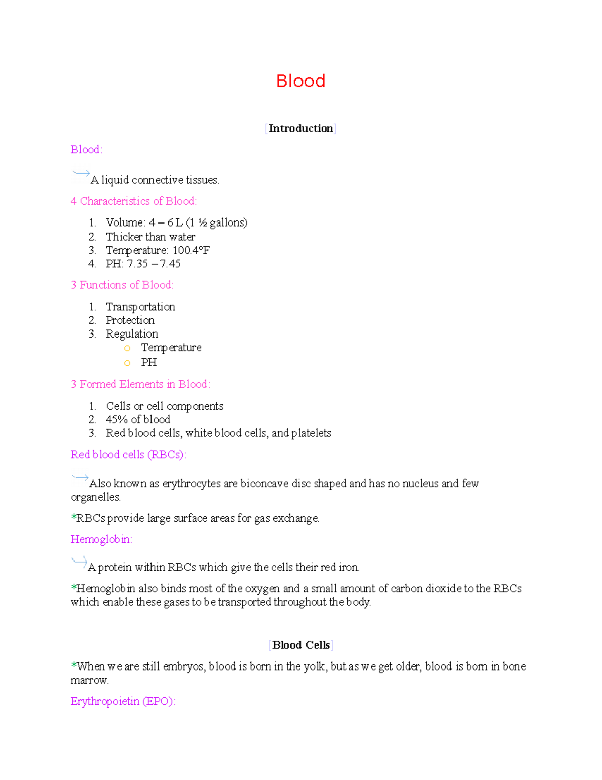 Blood Notes (class year: fall of 2021) - Blood [ Introduction ] Blood ...