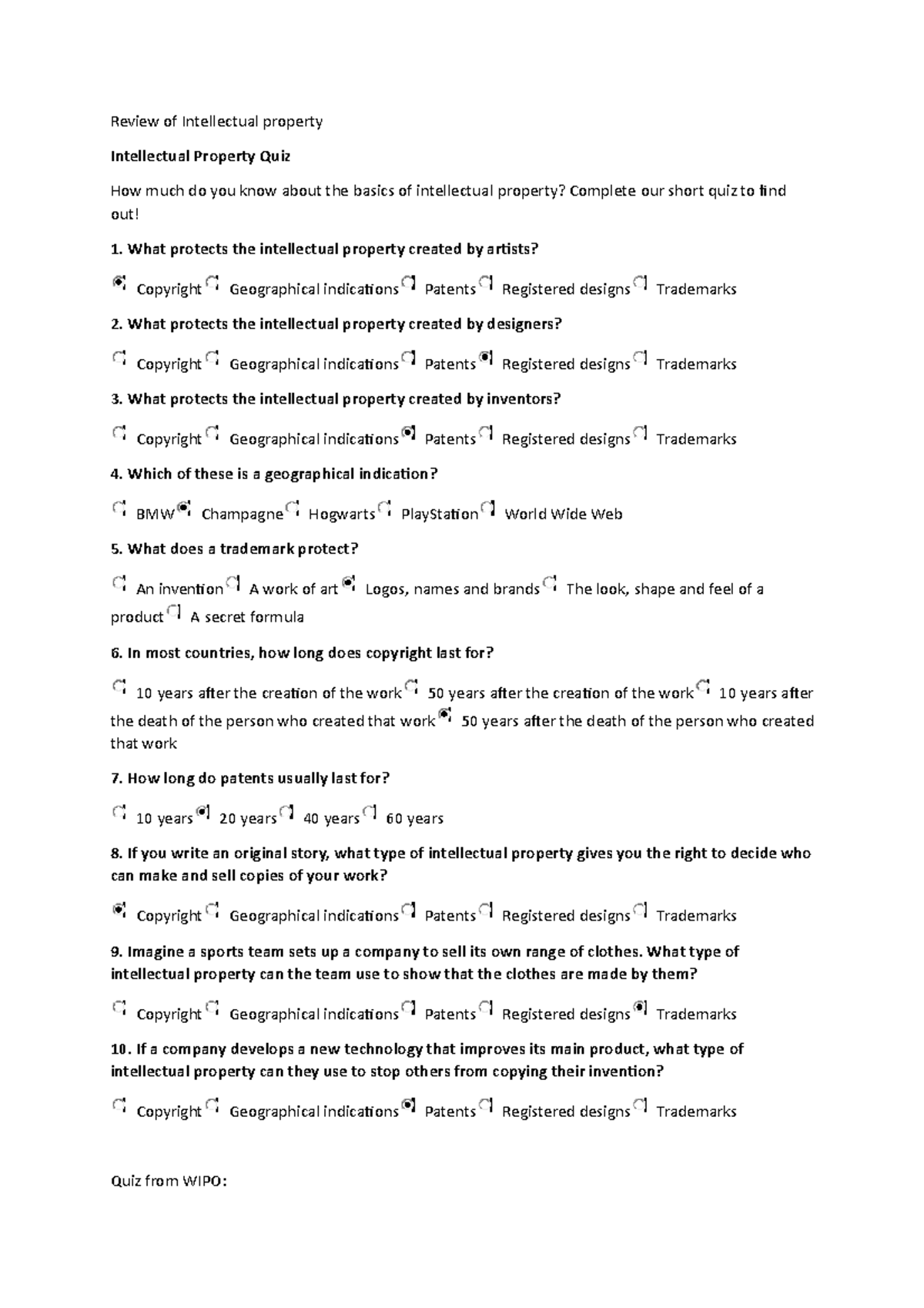 Pop quiz Review of Intellectual property - Review of Intellectual ...
