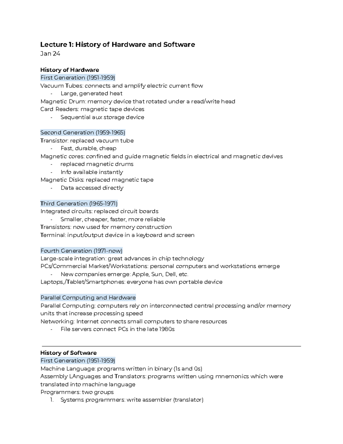 Lecture 1 History of Hardware - Lecture 1: History of Hardware and Software Jan 24 History of ...