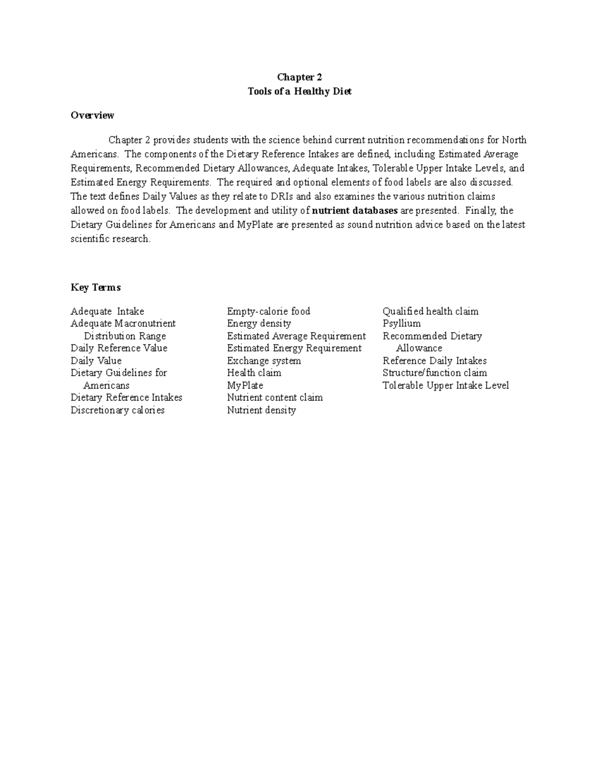 Chou IMChapter 2 - chp studyguide - Chapter 2 Tools of a Healthy Diet ...
